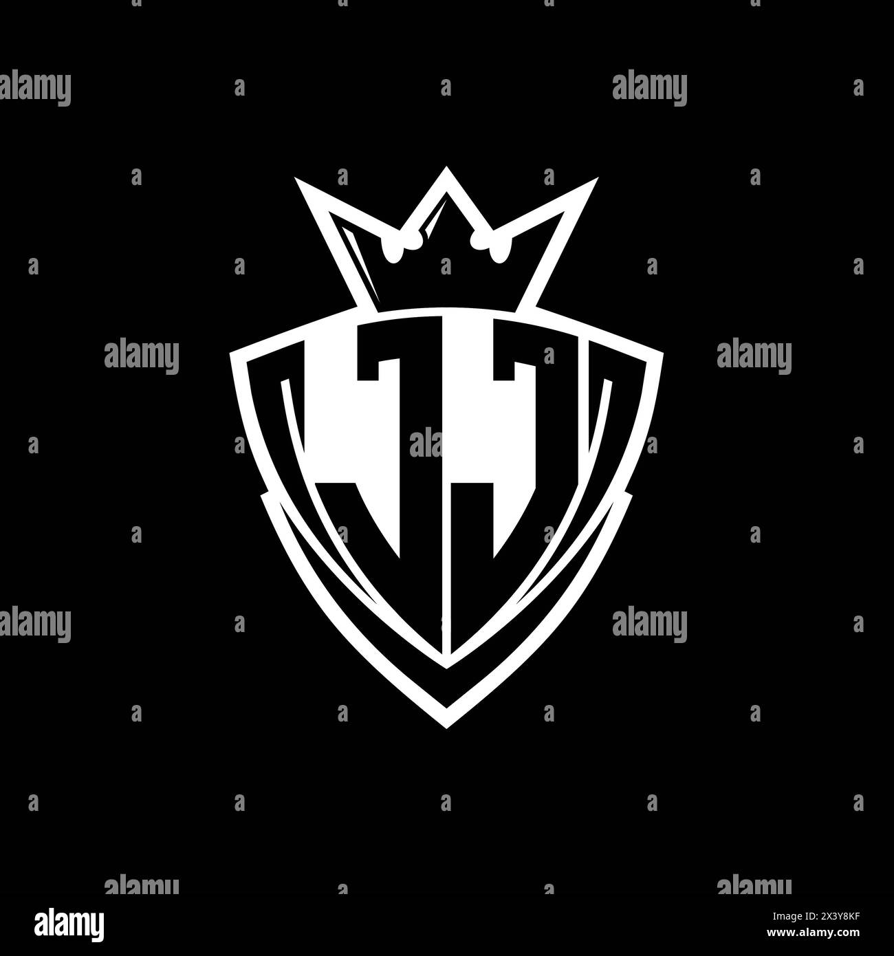 JJ Bold letter logo with sharp triangle shield shape with crown inside ...