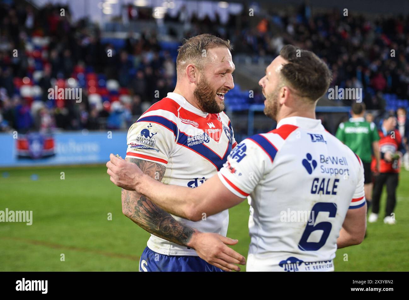Wakefield, England - 27th April 2024 Wakefield Trinity's Josh Griffin and Luke Gale at full time ...