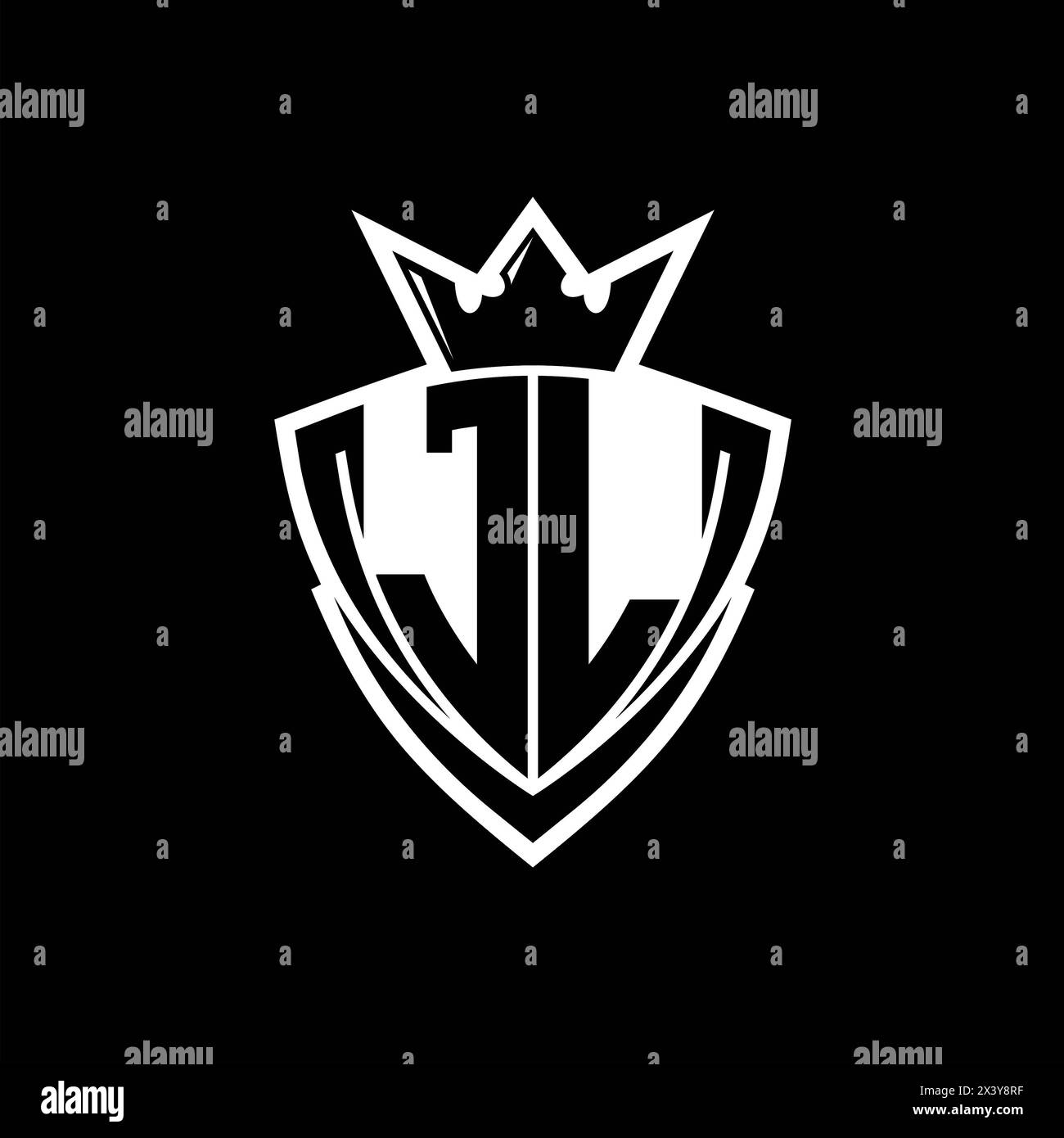 JL Bold letter logo with sharp triangle shield shape with crown inside white outline on black ...