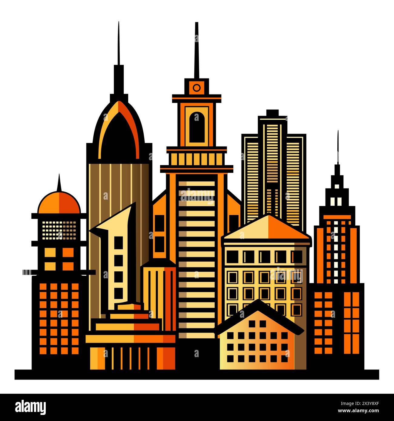 Landscape set of buildings silhouetted on white background. Outline of ...