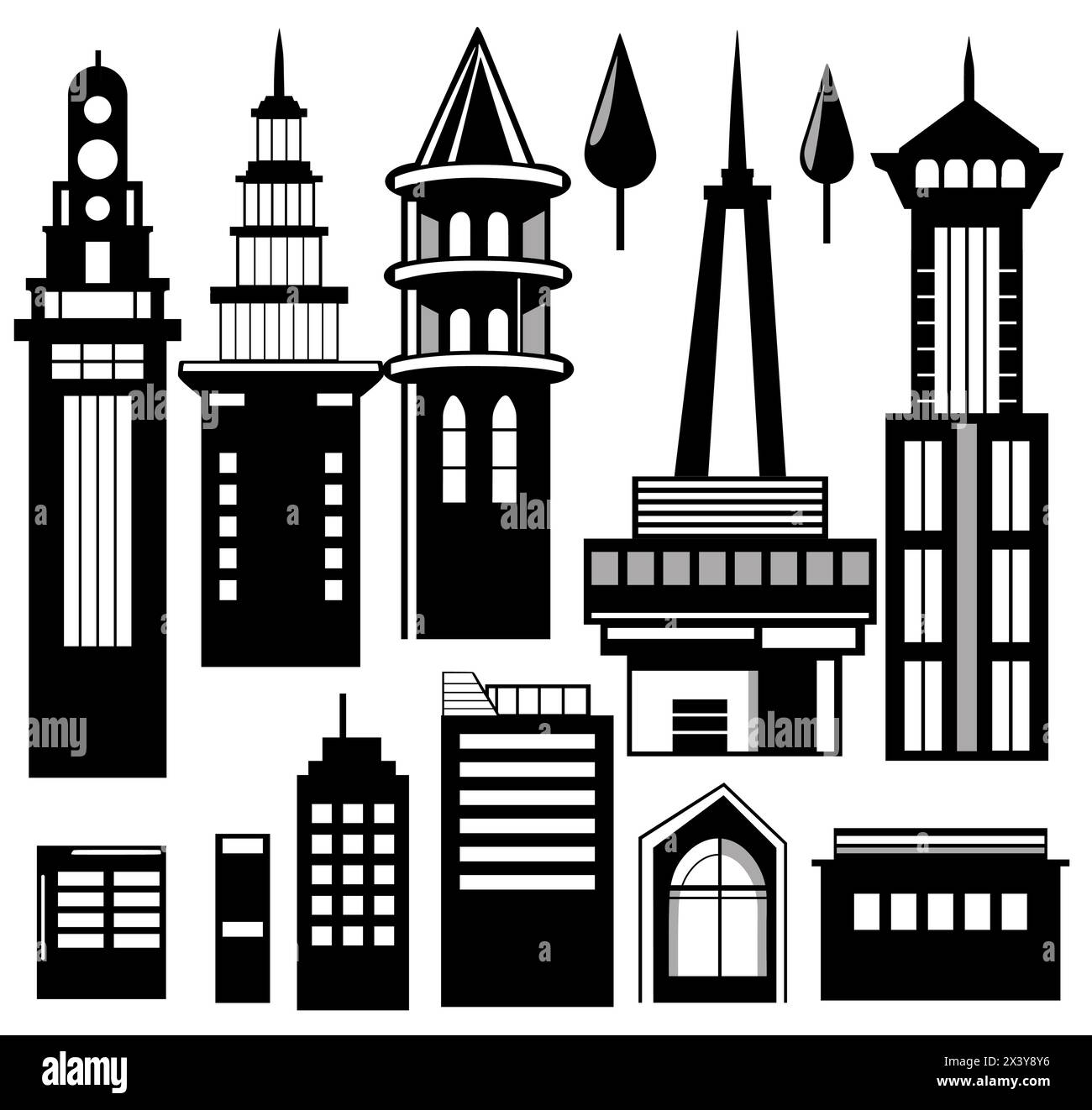 Landscape set of buildings silhouetted on white background. Outline of ...