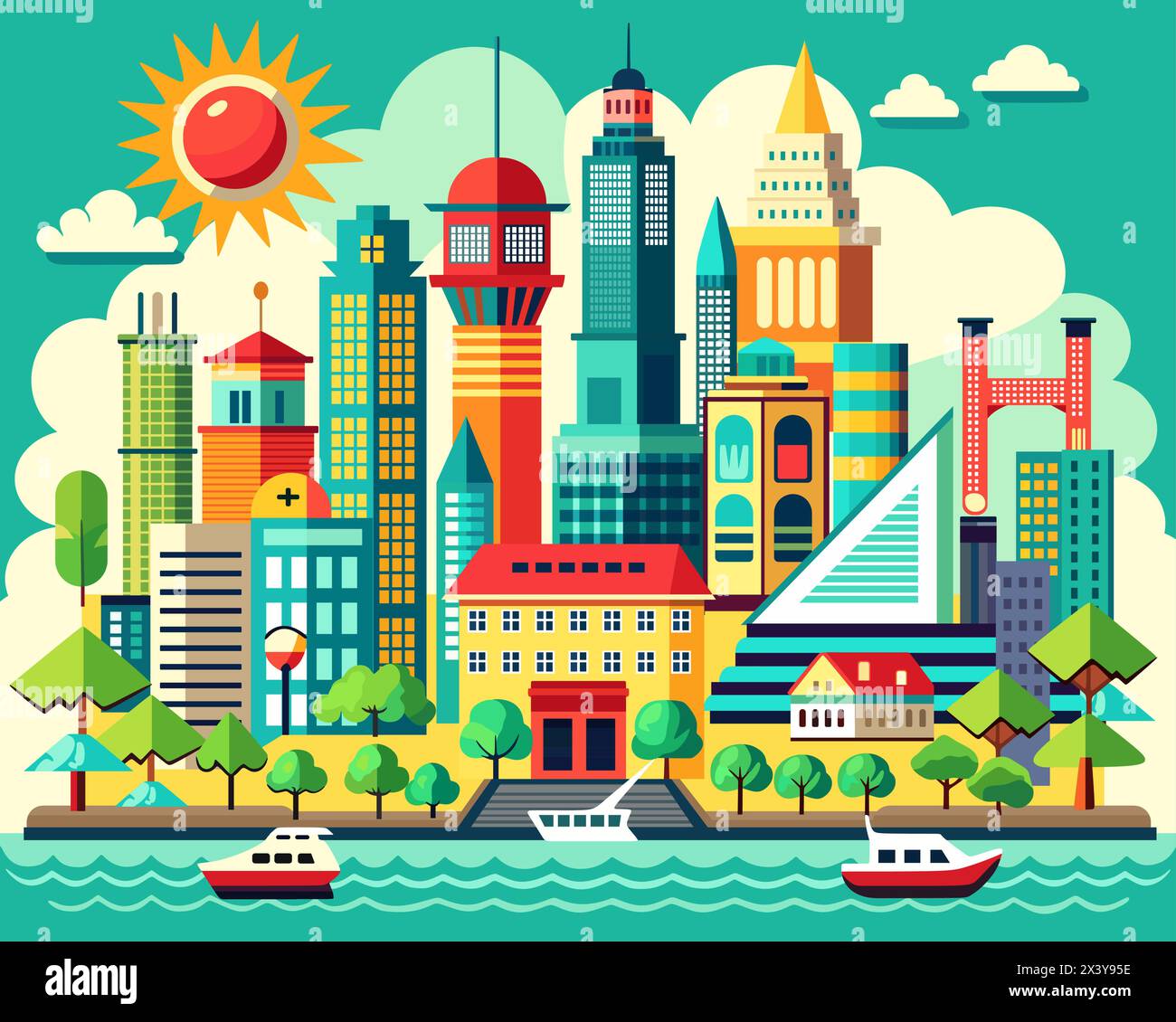 Landscape set of flat buildings silhouetted. Outline of low-rise and ...