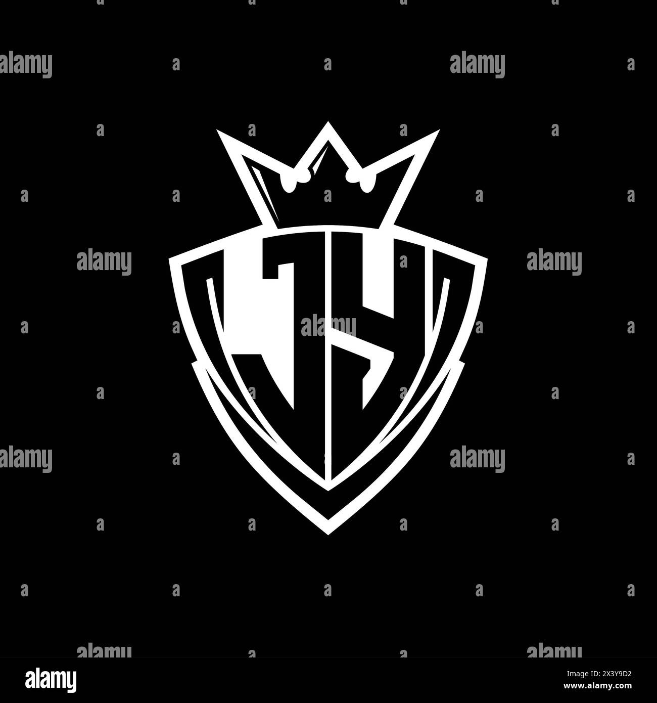 JY Bold letter logo with sharp triangle shield shape with crown inside white outline on black ...