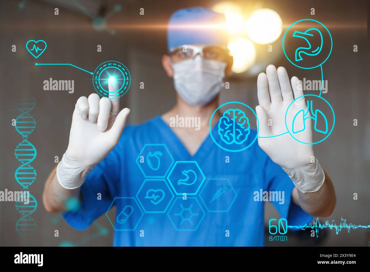Doctor In Blue Uniform Touch Display With Infographics. Modern ...