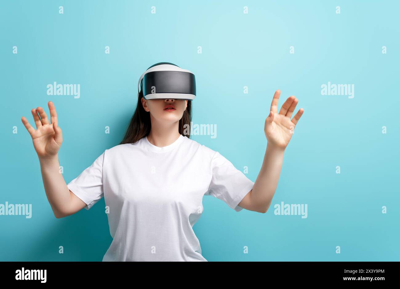 Metaverse technology concept. Woman with VR virtual reality goggles on ...