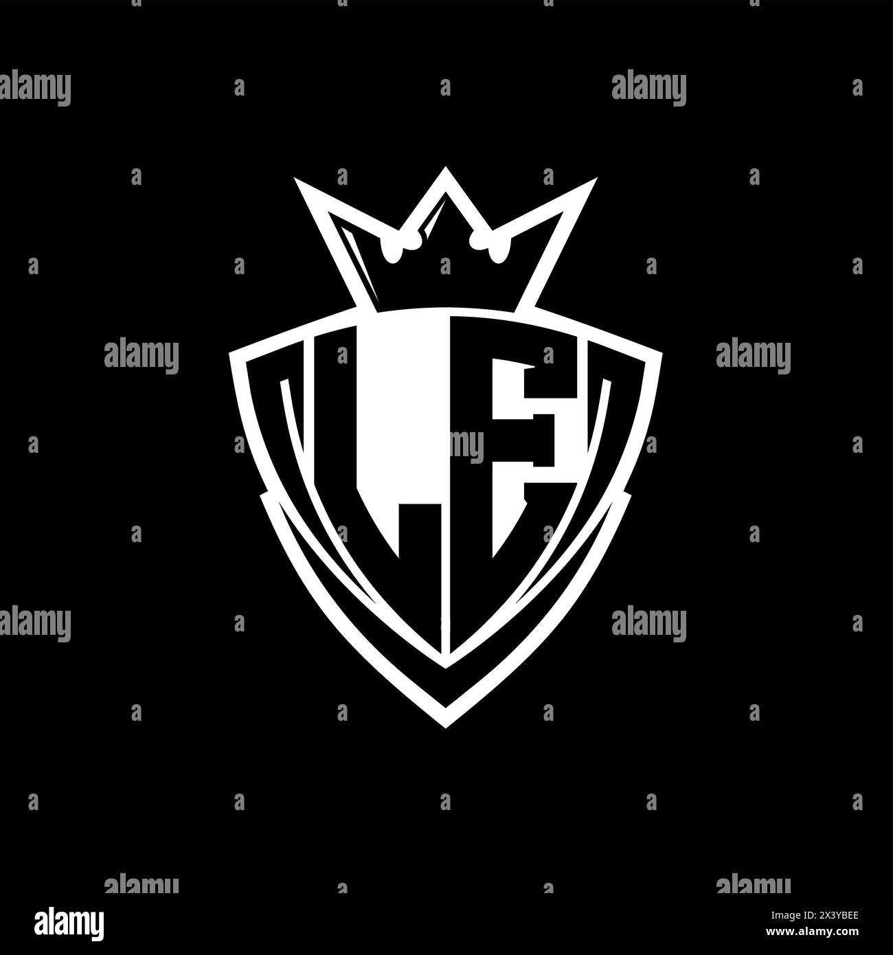LE Bold letter logo with sharp triangle shield shape with crown inside ...