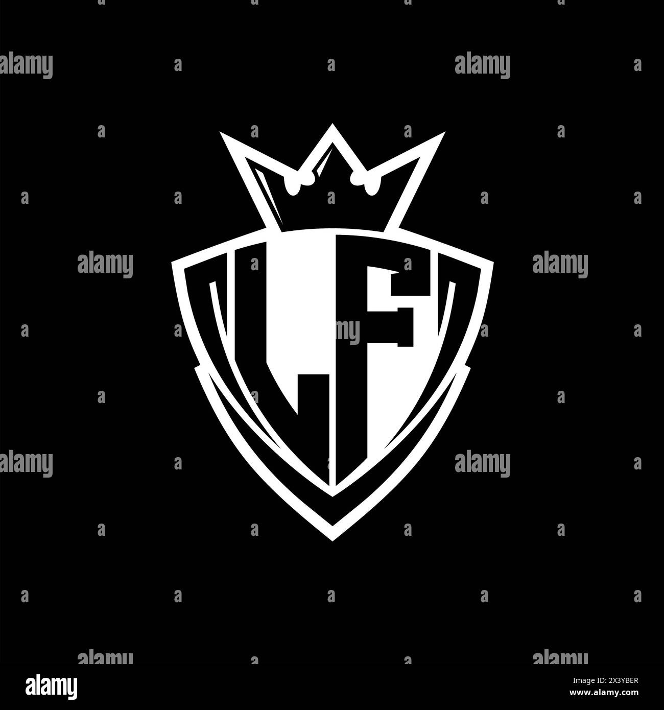 LF Bold letter logo with sharp triangle shield shape with crown inside white outline on black ...