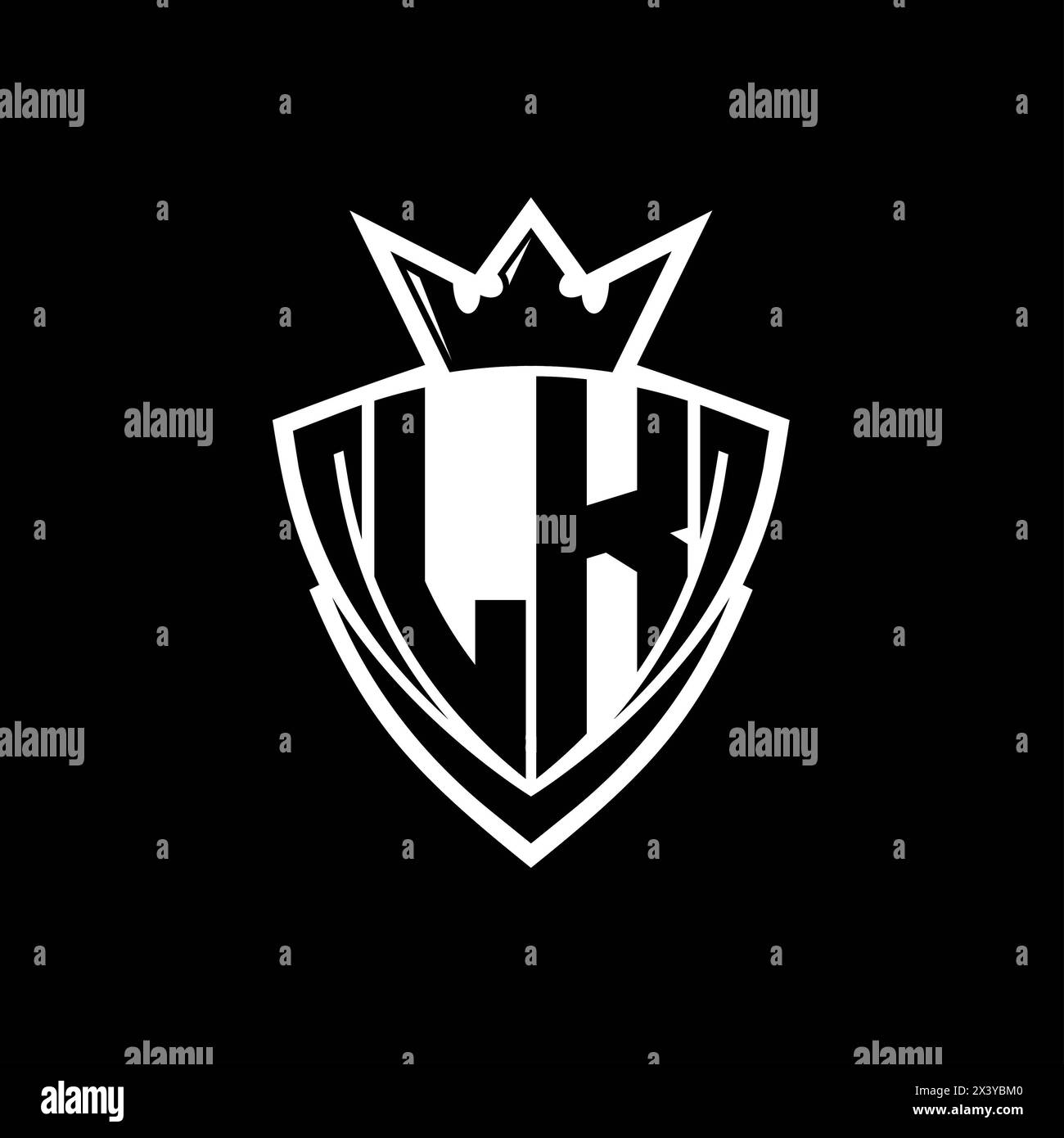 LK Bold letter logo with sharp triangle shield shape with crown inside white outline on black ...