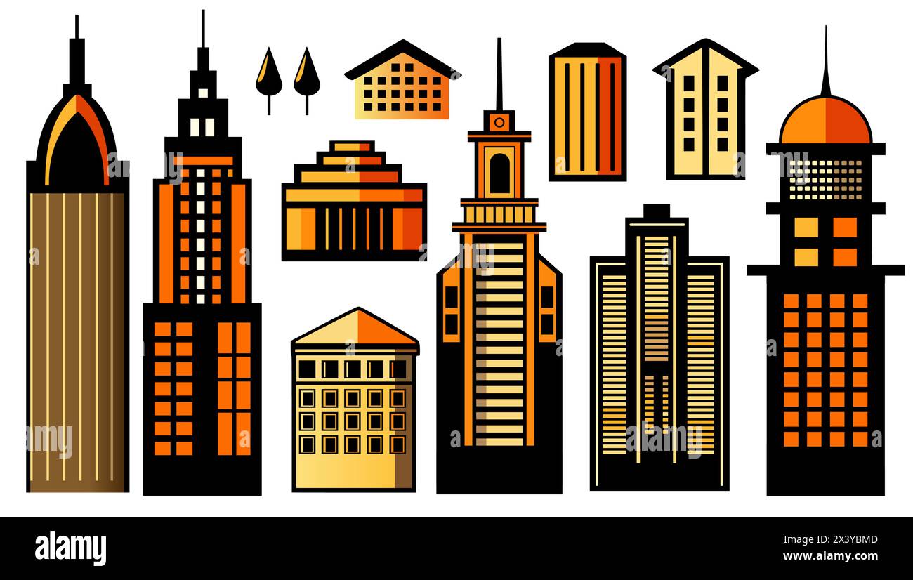 Landscape set of buildings silhouetted on white background. Outline of ...