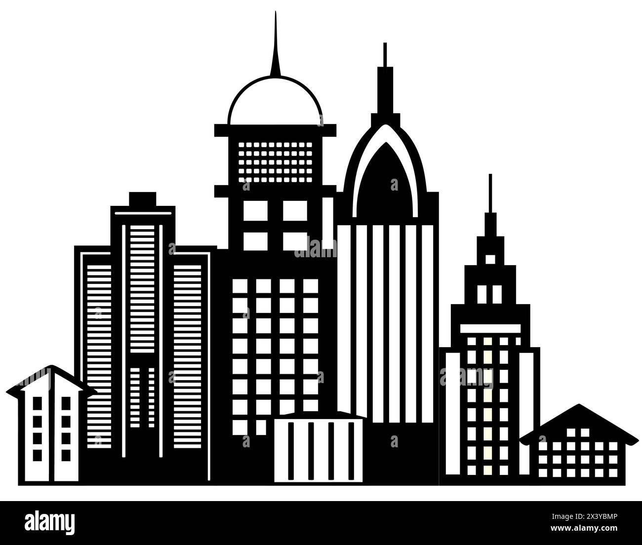 Landscape set of buildings silhouetted on white background. Outline of ...
