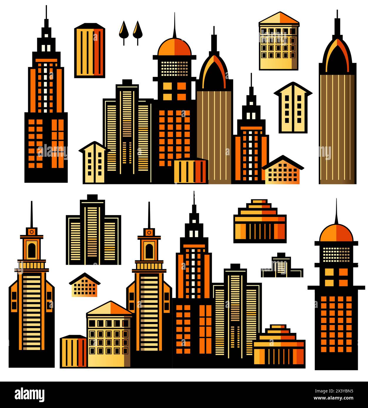 Landscape set of buildings silhouetted on white background. Outline of ...