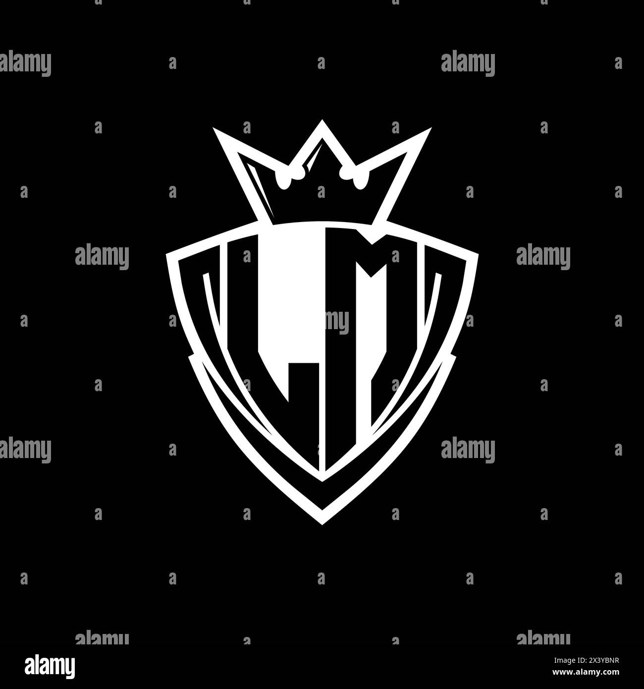 LM Bold letter logo with sharp triangle shield shape with crown inside white outline on black ...