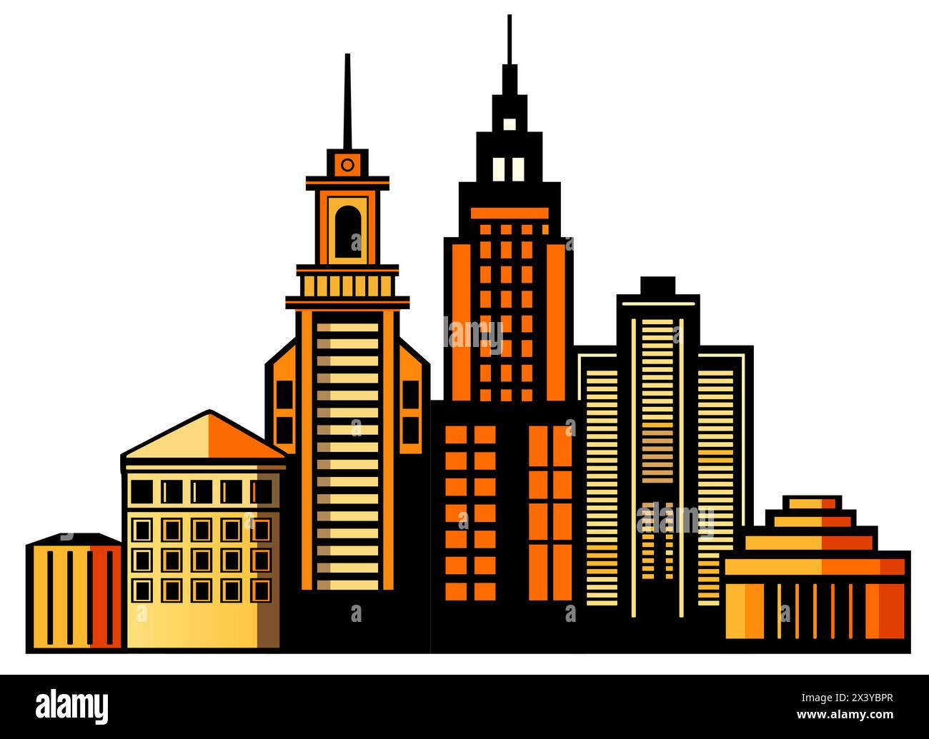 Landscape set of buildings silhouetted on white background. Outline of ...