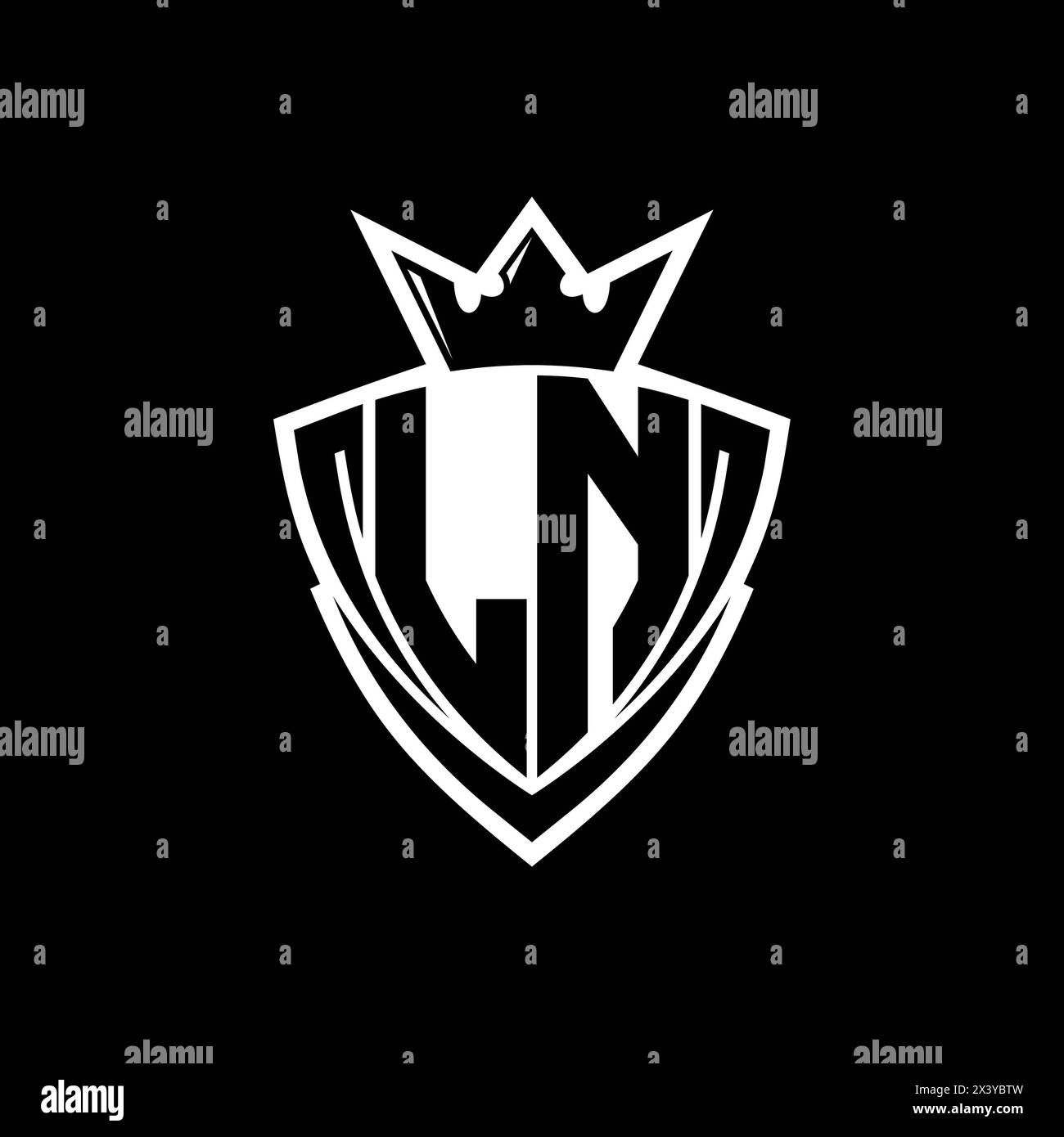 LN Bold letter logo with sharp triangle shield shape with crown inside white outline on black ...