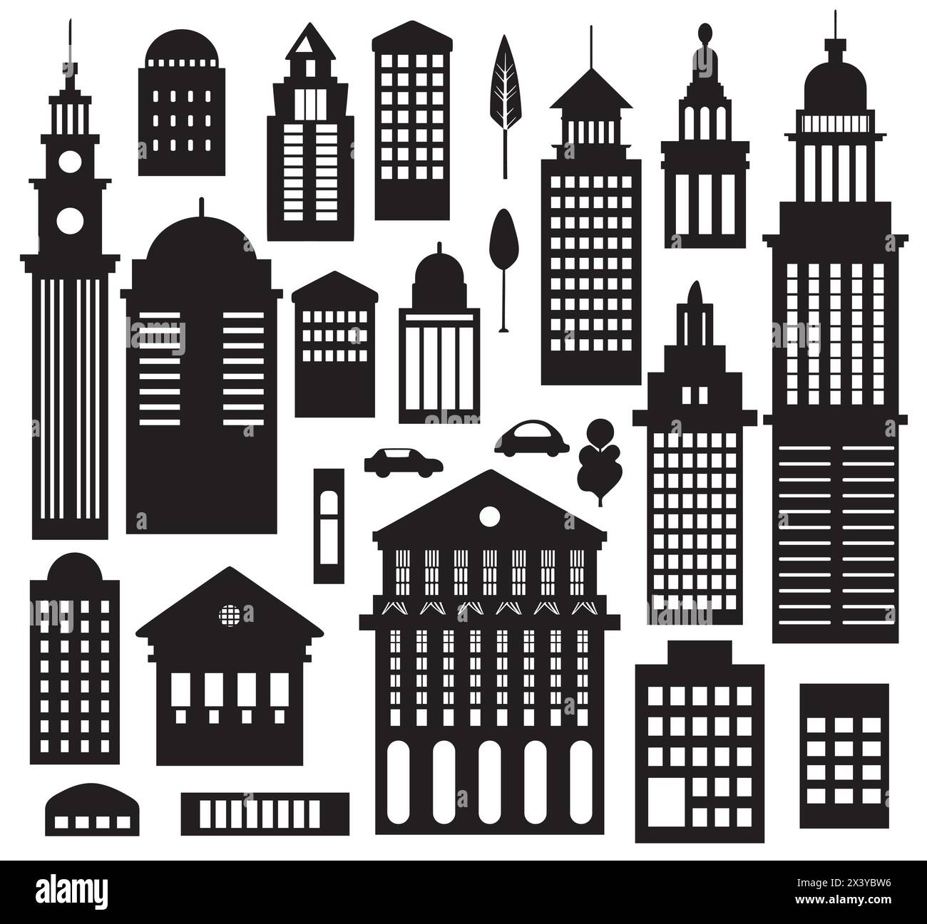 Landscape set of buildings silhouetted of low-rise and high-rise ...