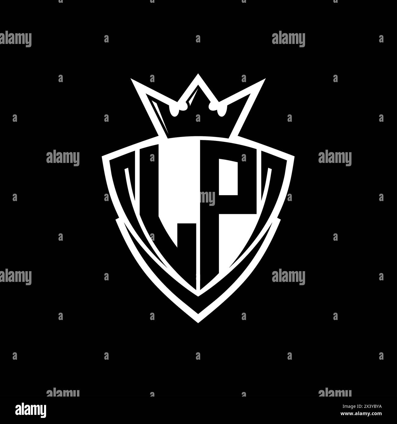 LP Bold letter logo with sharp triangle shield shape with crown inside white outline on black ...