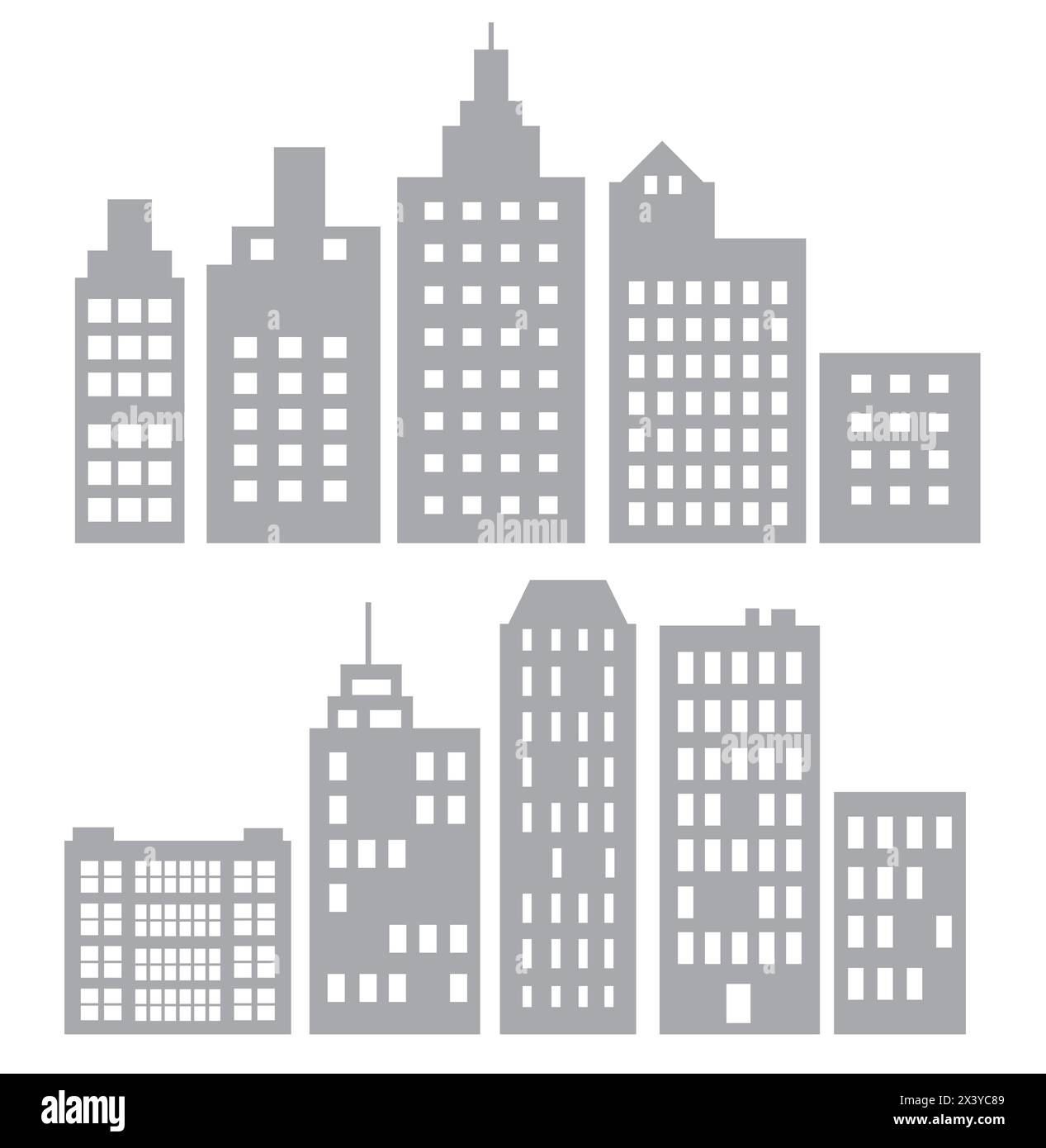 Landscape set of buildings silhouetted on white background. Outline of ...