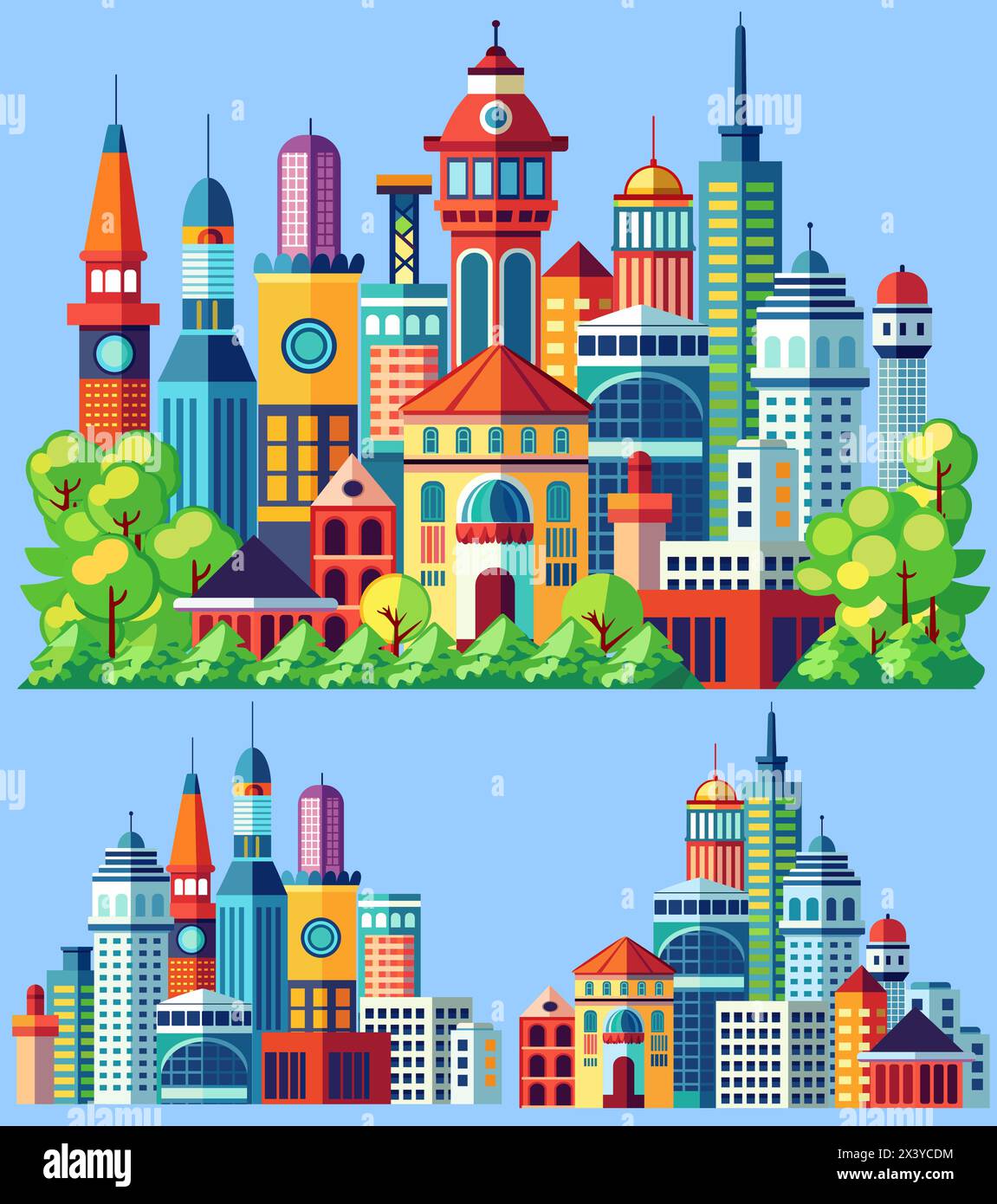 Landscape set of buildings silhouetted on Outline of low-rise and high ...