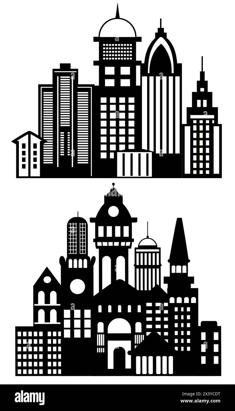 Landscape set of buildings silhouetted on white background. Outline of ...