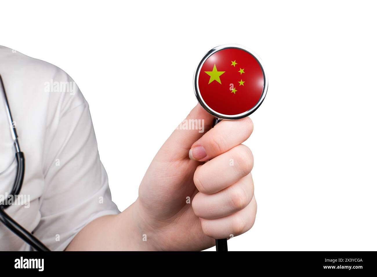 Head of a medical stethoscope in the shape of the Chinese flag in a ...