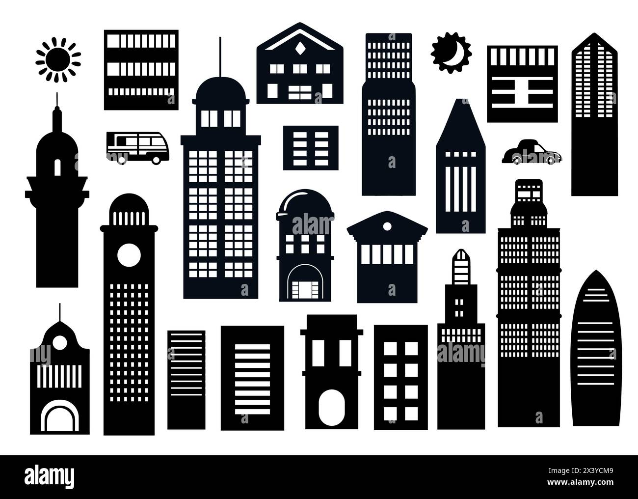 Landscape set of buildings silhouetted of low-rise and high-rise ...