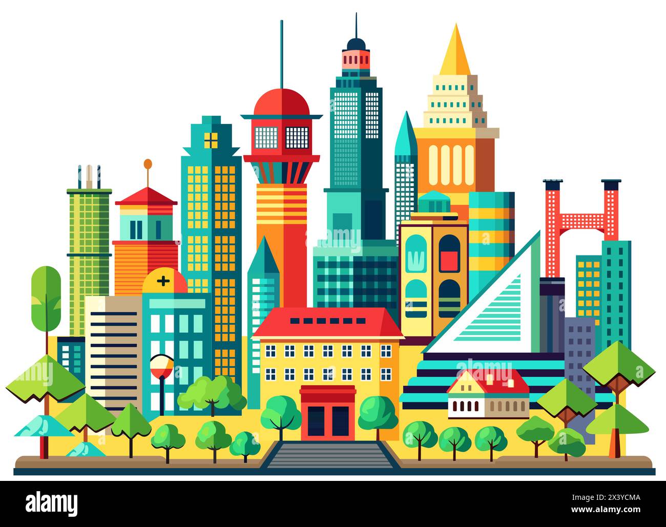 Landscape set of buildings silhouetted on white background. Outline of ...