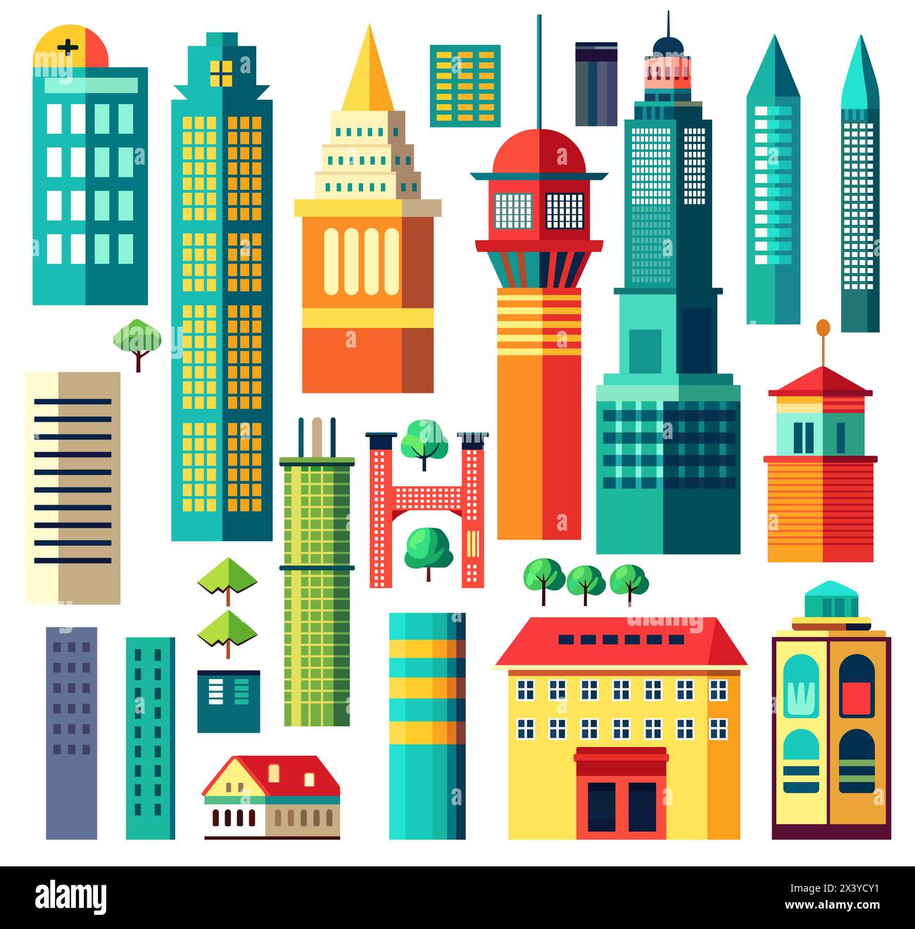 Landscape set of buildings silhouetted on white background. Outline of ...