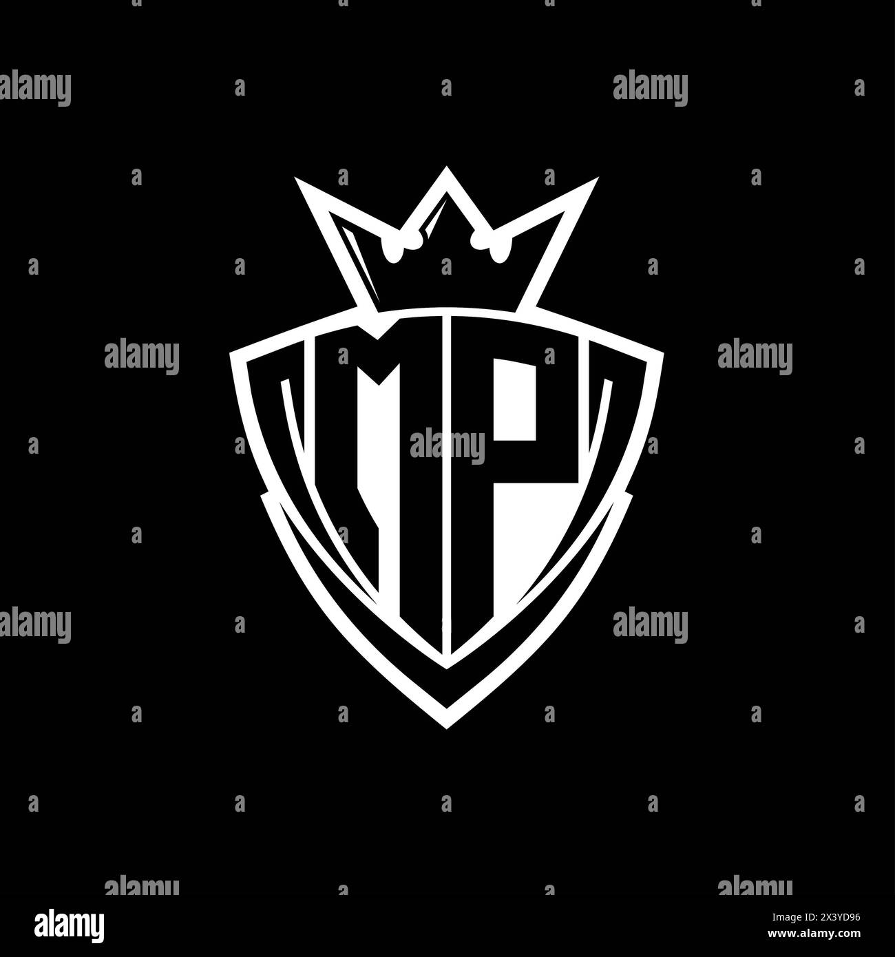 MP Bold letter logo with sharp triangle shield shape with crown inside ...