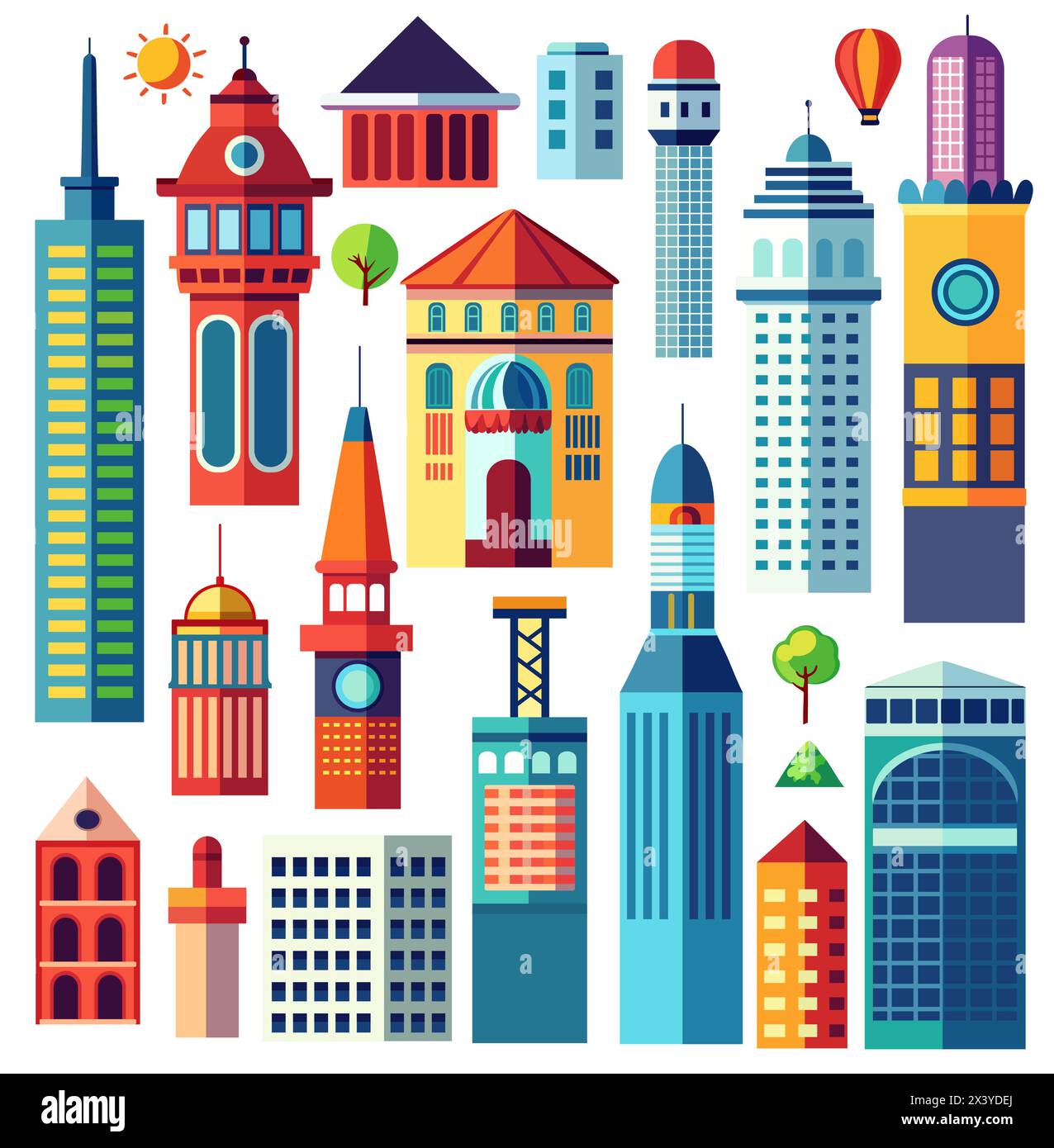 Landscape set of buildings silhouetted on white background. Outline of ...