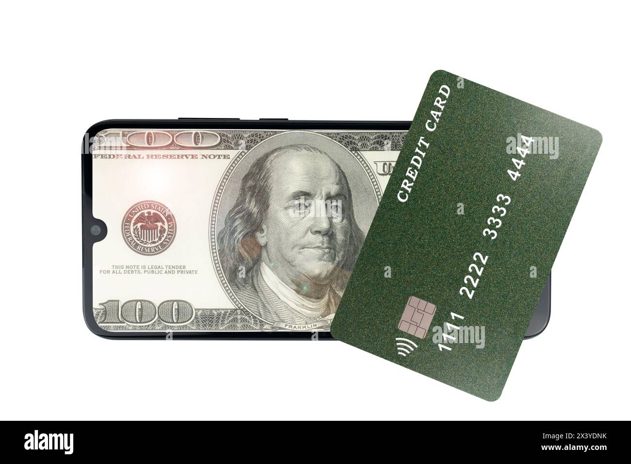 Plastic credit card lies on a smartphone with an image of a 100 dollar ...