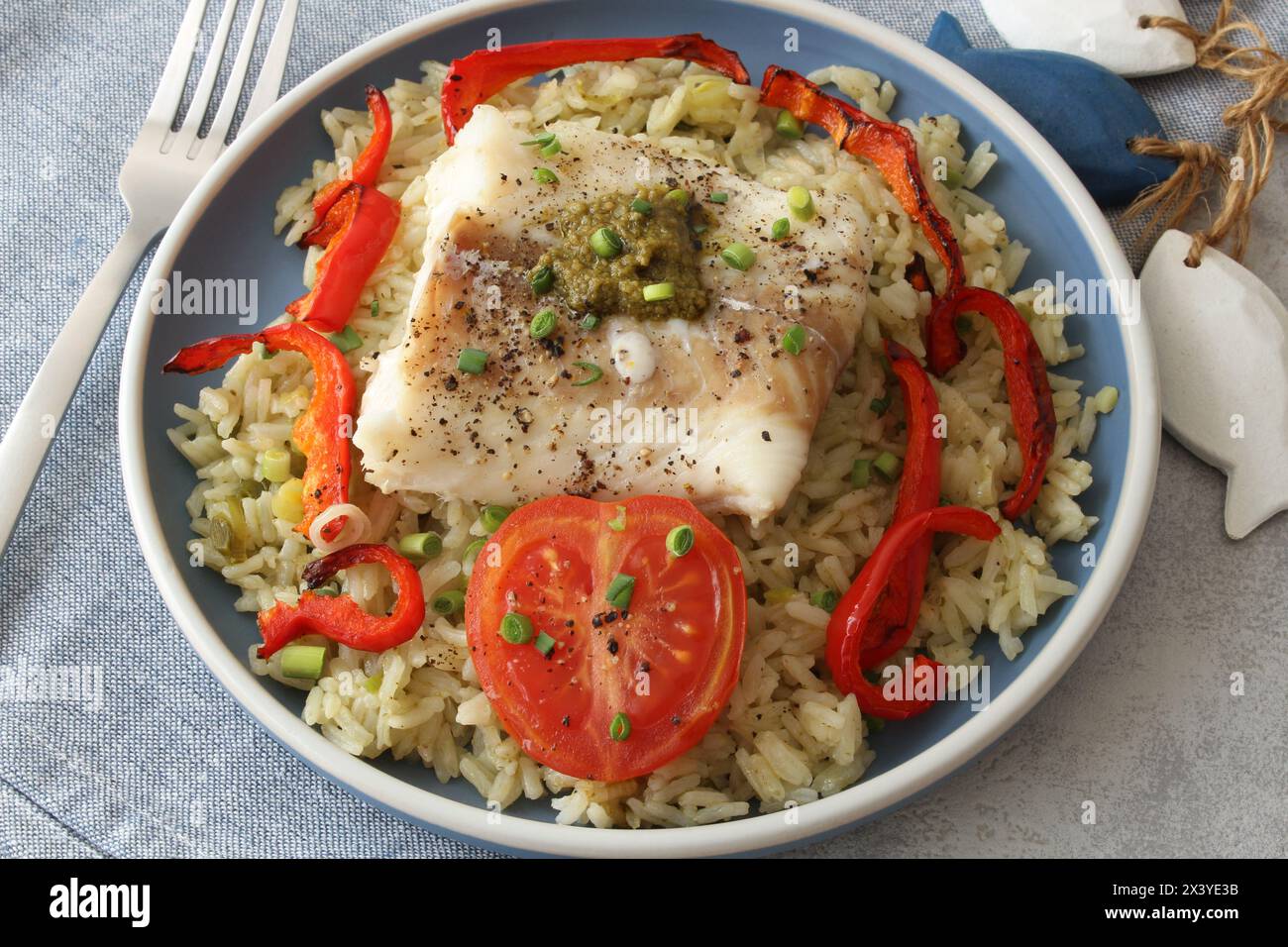 Herbaceous Jasmine Rice and Cod with Genovese Pesto, Roasted Peppers ...