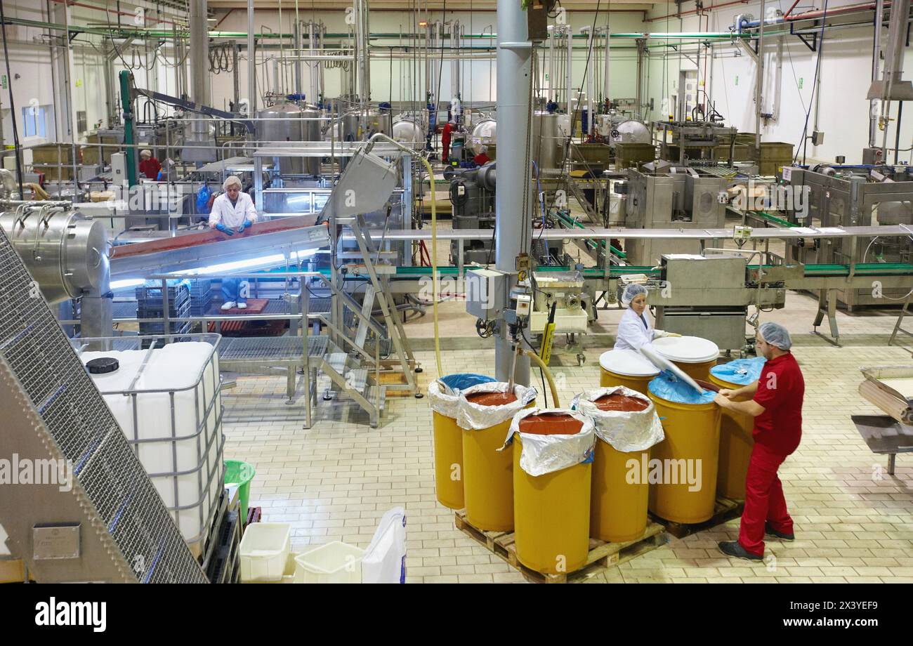 Production line of canned vegetables and beans in glass bottle, Cooked ...