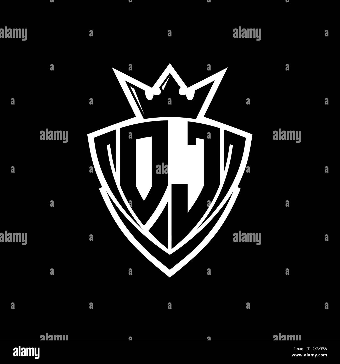 OJ Bold letter logo with sharp triangle shield shape with crown inside white outline on black ...