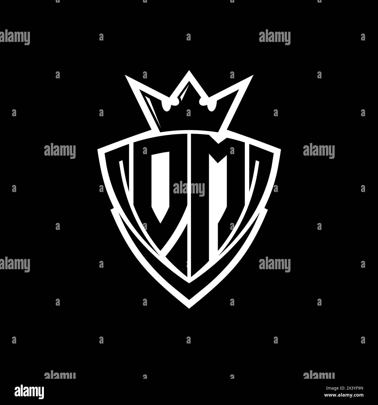 OM Bold letter logo with sharp triangle shield shape with crown inside ...