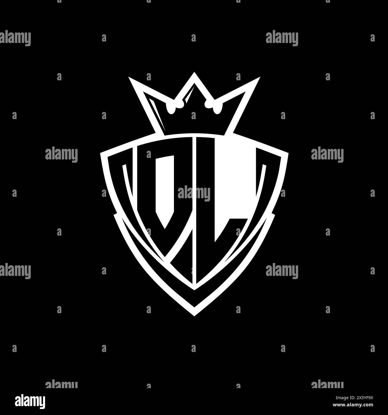 OL Bold letter logo with sharp triangle shield shape with crown inside white outline on black ...