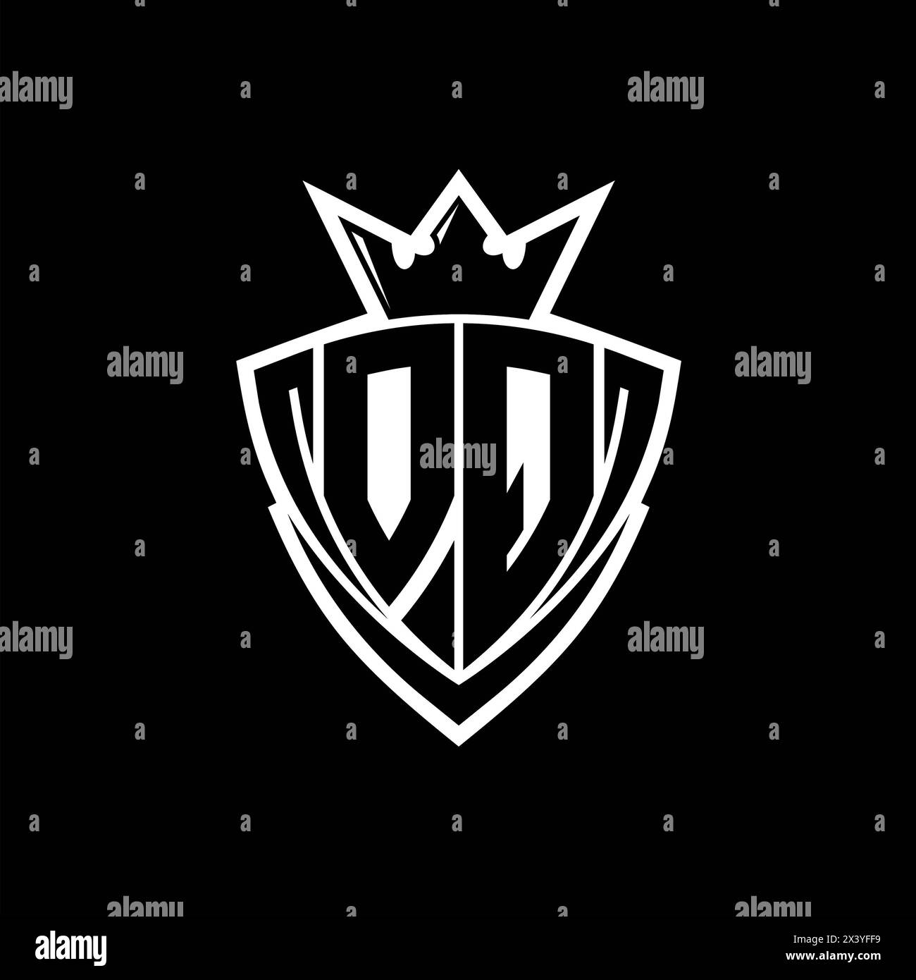 OQ Bold letter logo with sharp triangle shield shape with crown inside white outline on black ...