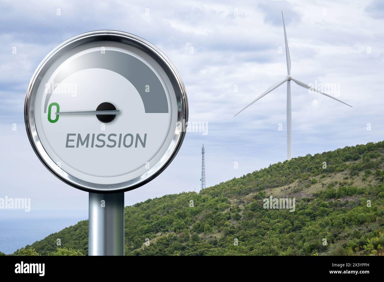 Gauge with inscription EMISSION on a background of renewable energy ...