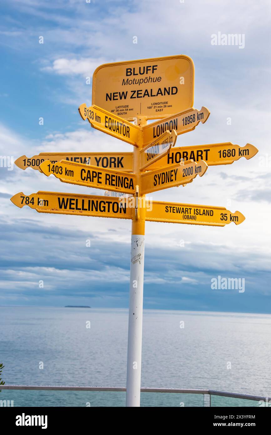 Bluff New zealand Signpost located at the very end of State Highway 1 ...