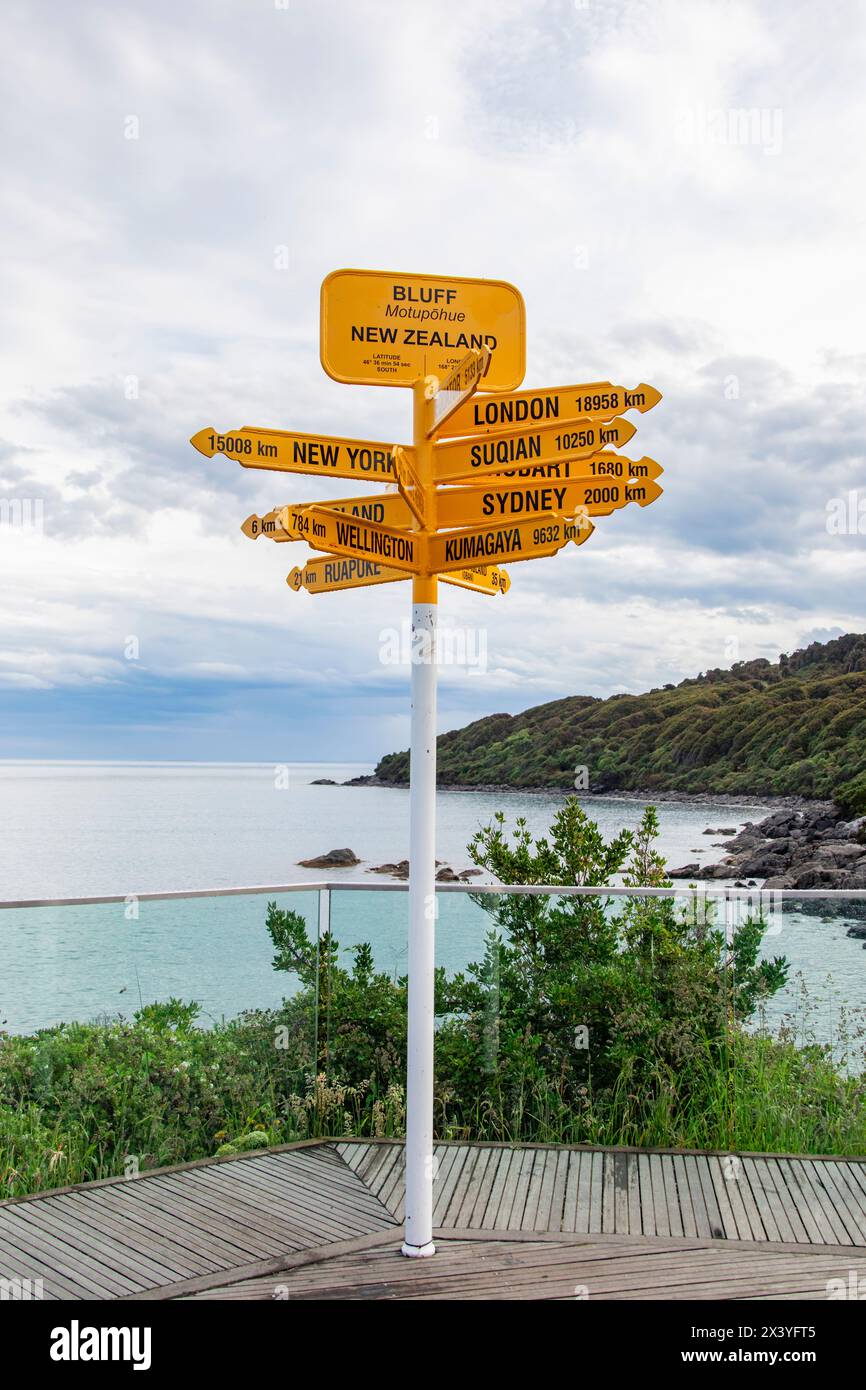 Bluff New zealand Signpost located at the very end of State Highway 1 ...