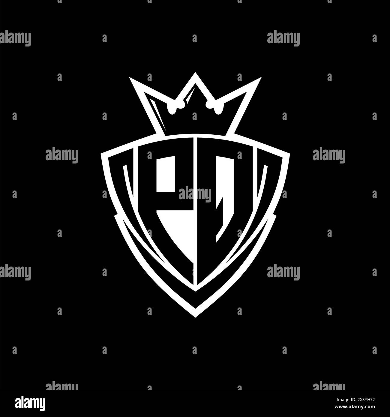 PQ Bold letter logo with sharp triangle shield shape with crown inside white outline on black ...