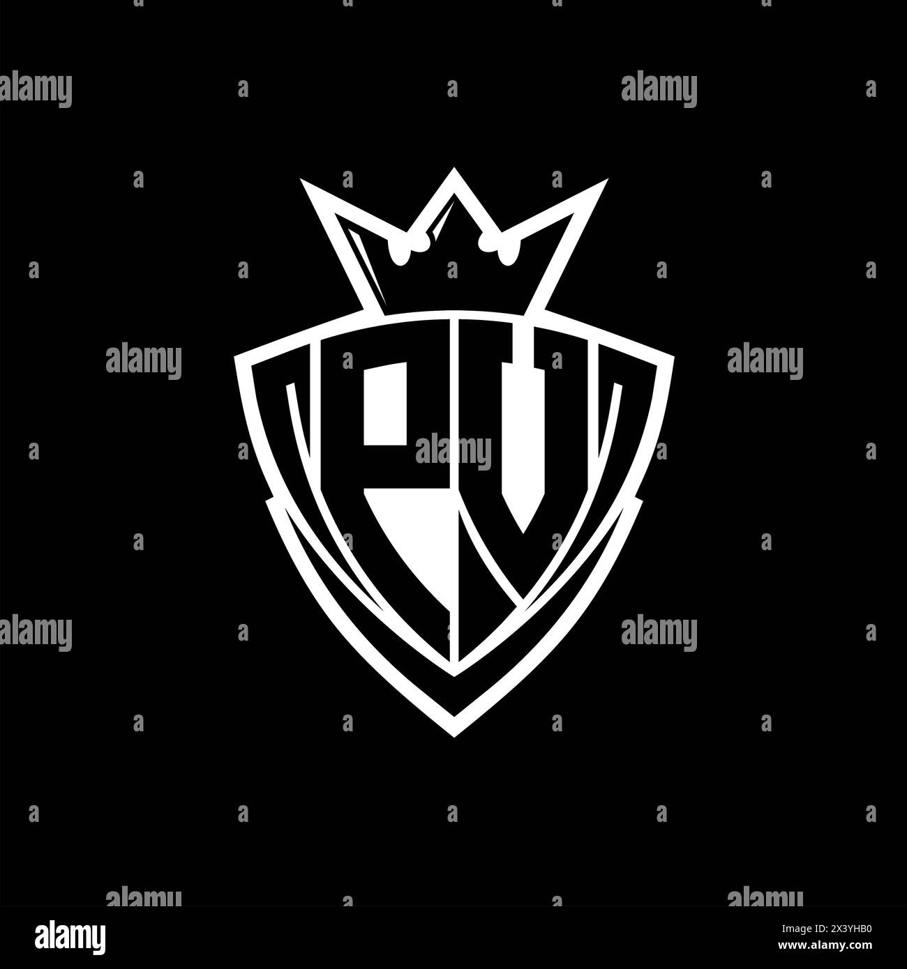 PV Bold letter logo with sharp triangle shield shape with crown inside white outline on black ...