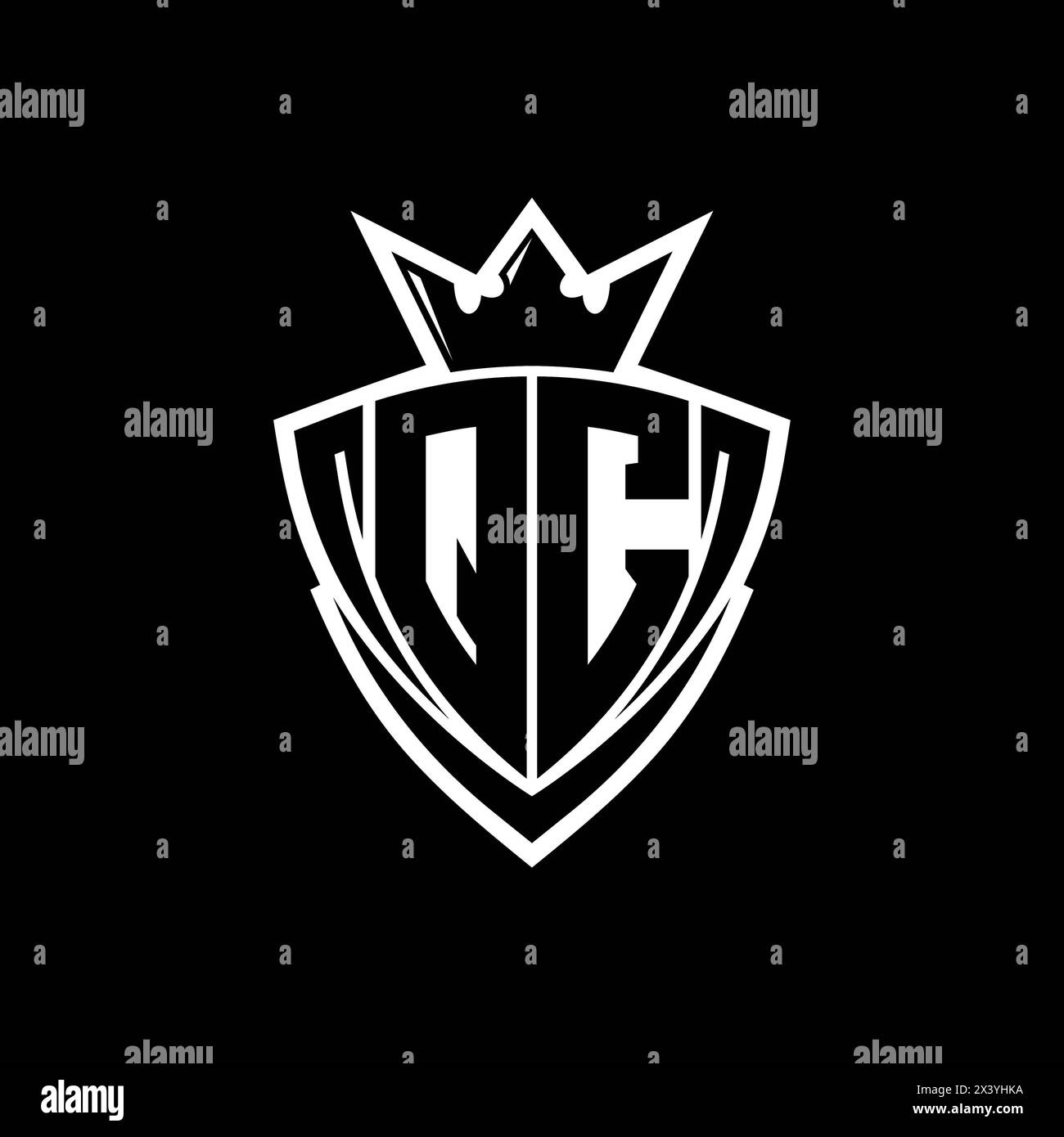 QC Bold letter logo with sharp triangle shield shape with crown inside white outline on black ...