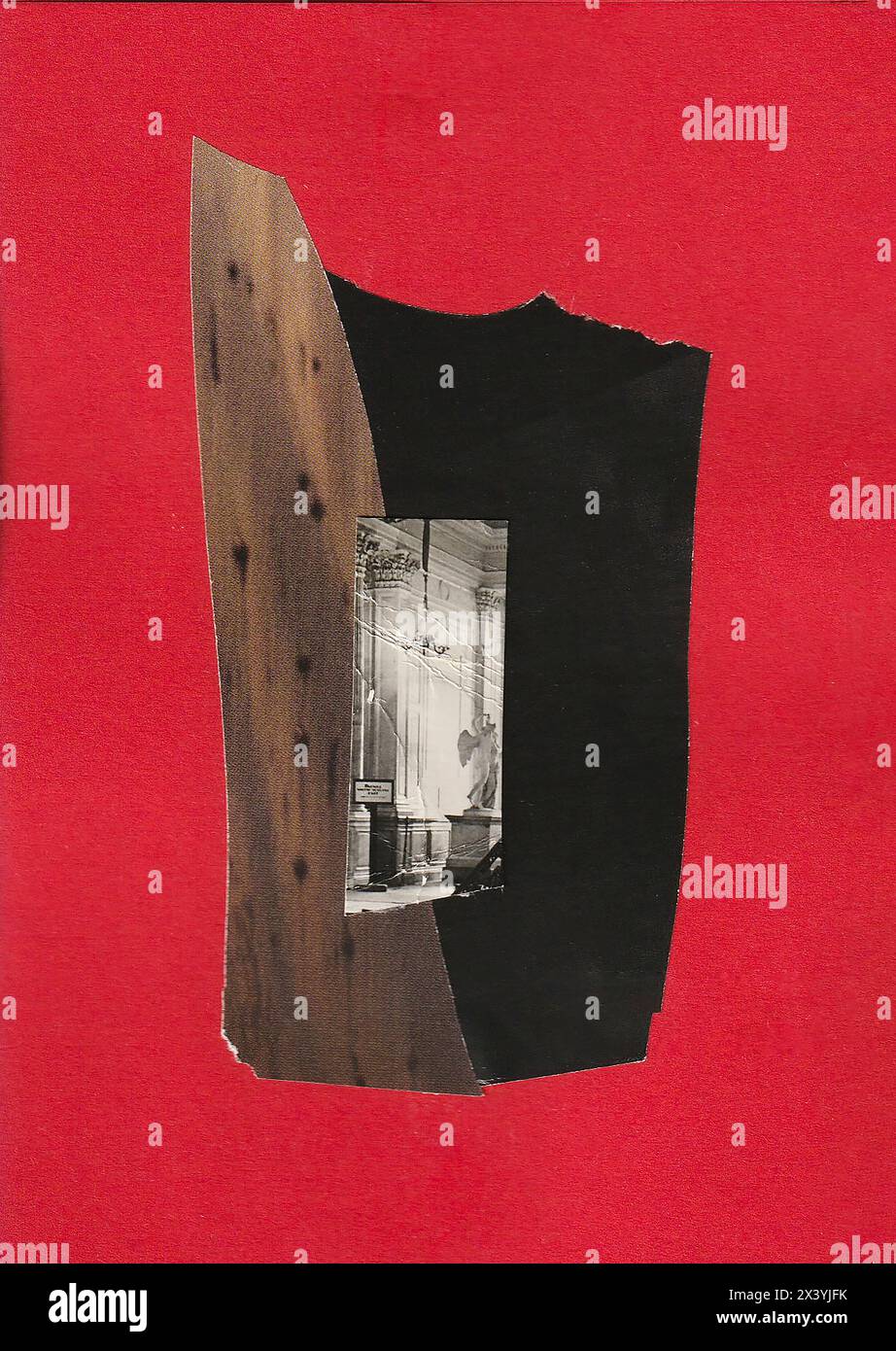 collage on a red background. Interior collage with columns and wood ...