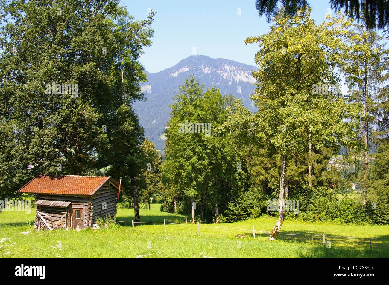 Rustic wooden log cabin with mountain scenery behind, in the Austrian ...