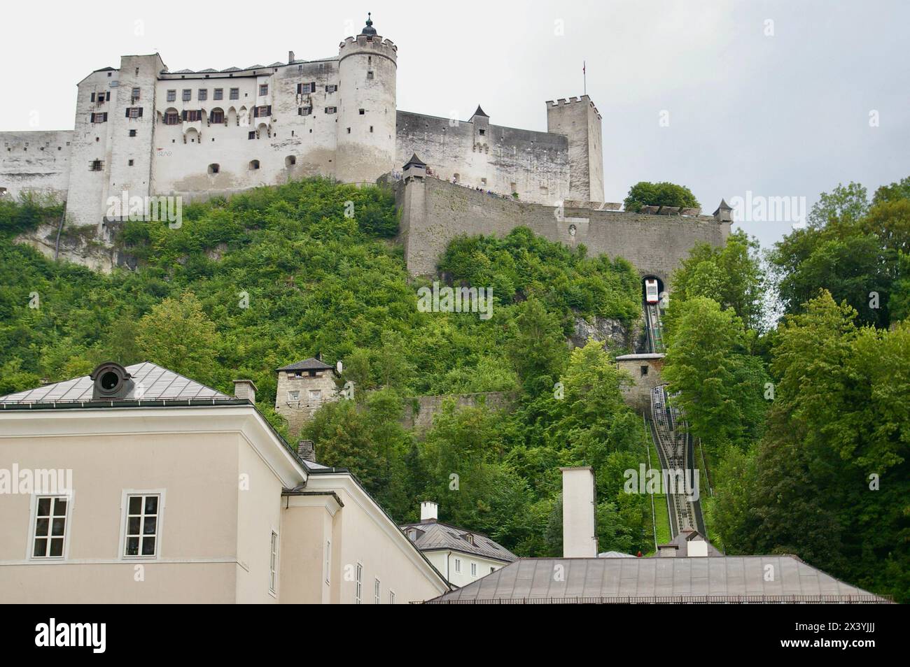 Fortress Hohensalzburg with funicular railway under a grey sky Stock ...