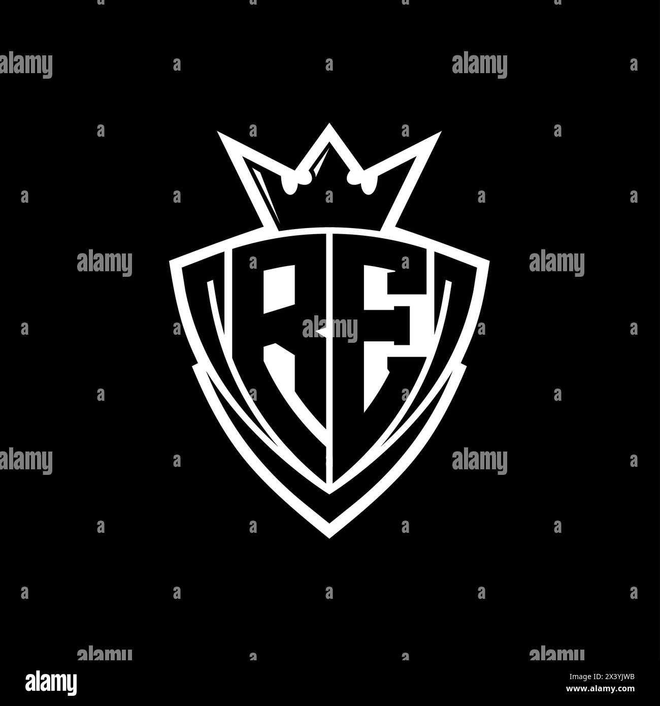 RE Bold letter logo with sharp triangle shield shape with crown inside ...