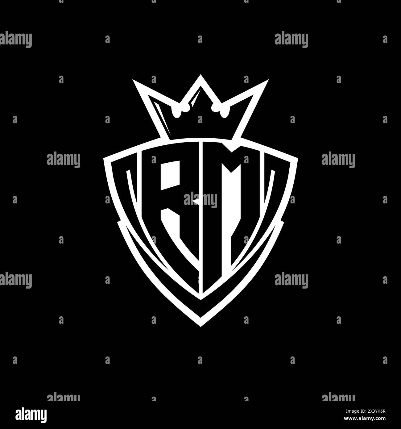 RM Bold letter logo with sharp triangle shield shape with crown inside ...