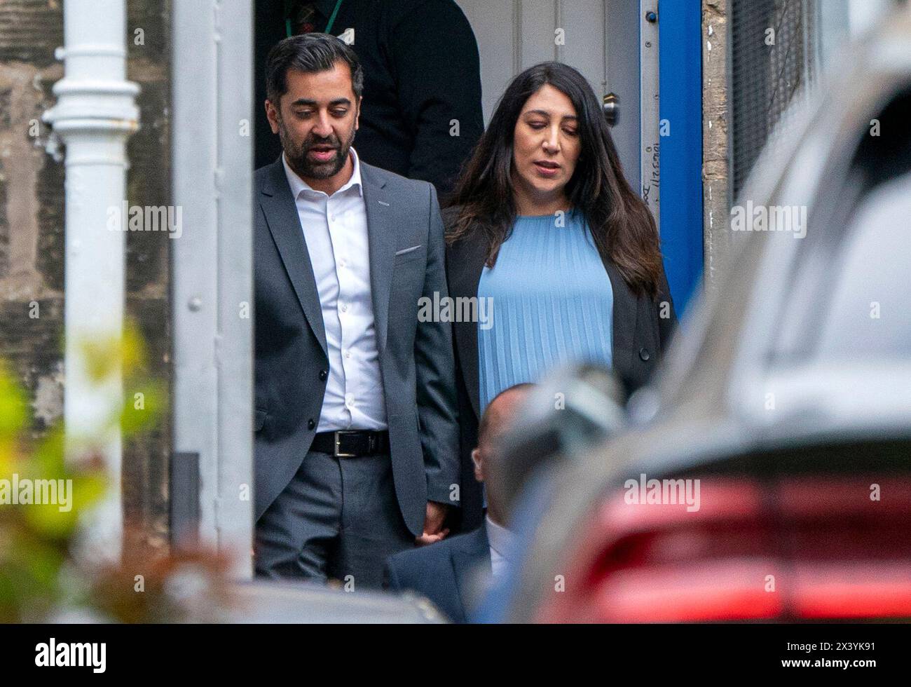 First Minister Humza Yousaf and his wife Nadia El-Nakla leaving Bute ...