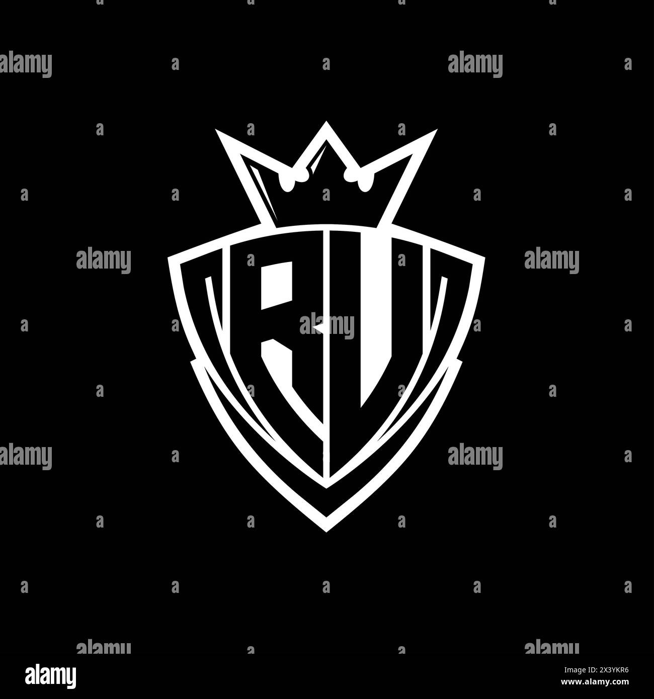 RU Bold letter logo with sharp triangle shield shape with crown inside ...