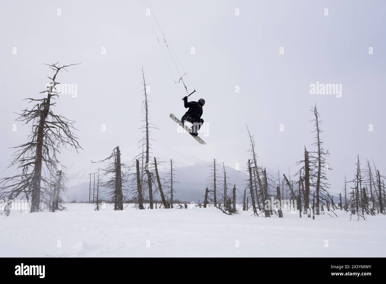 A mid adult man takes a jump while snow kiting in Alaska Stock Photo ...